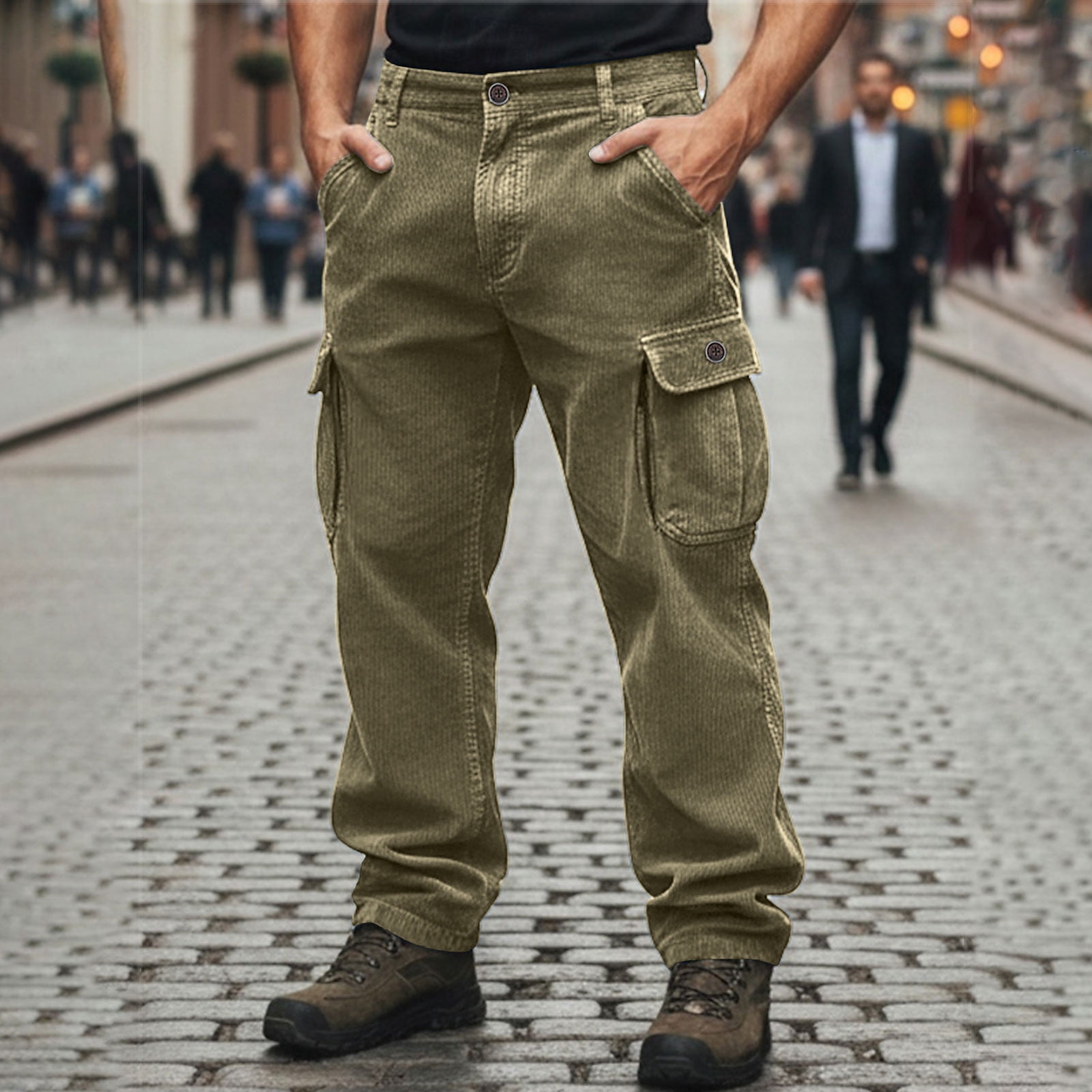 Simua Men's Casual Corduroy Cargo Pants Button Closure Multi Pocket ...