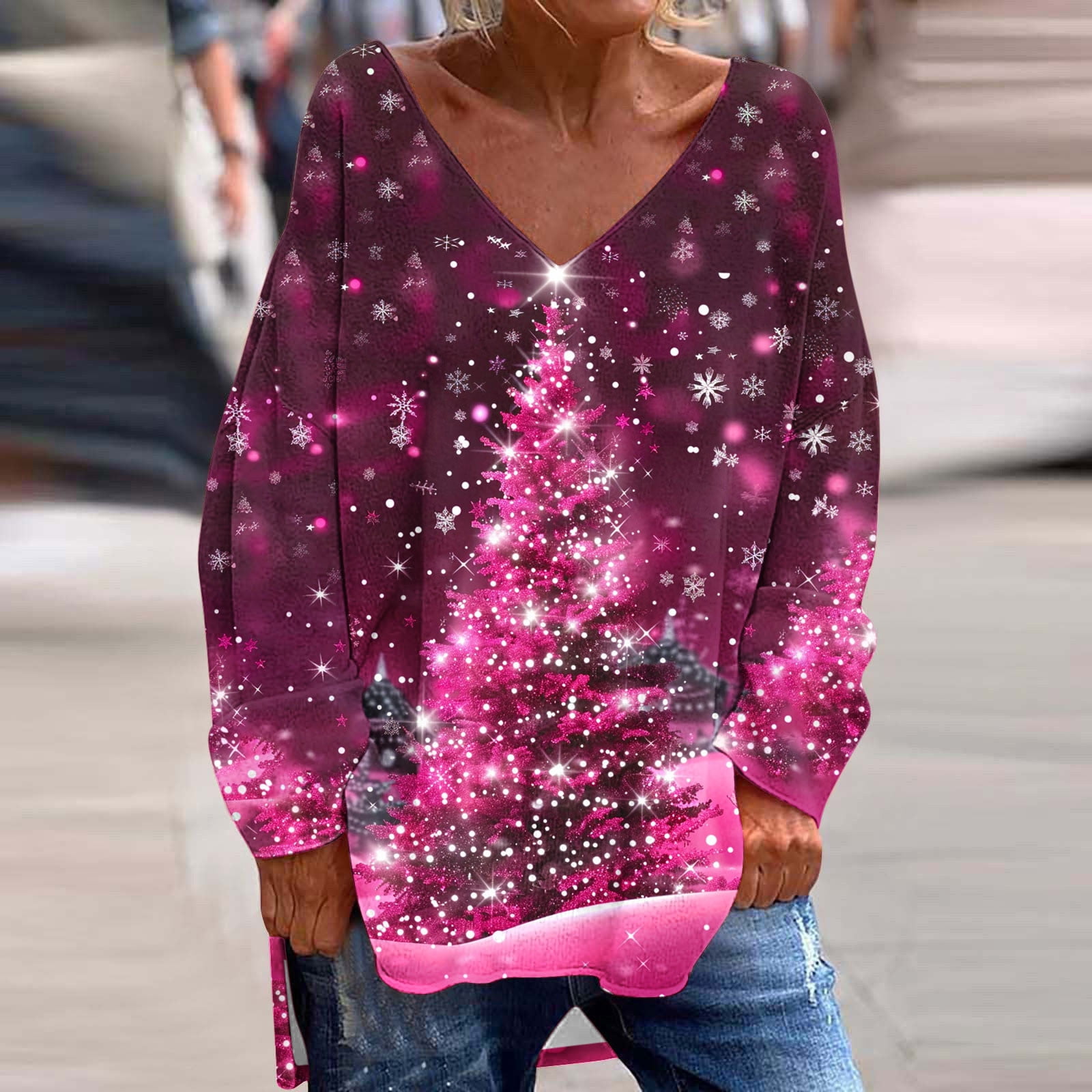 Simua Merry Christmas Women's V-Neck Shirts Christmas Graphic Printed Pullover Tees Long Sleeve ...