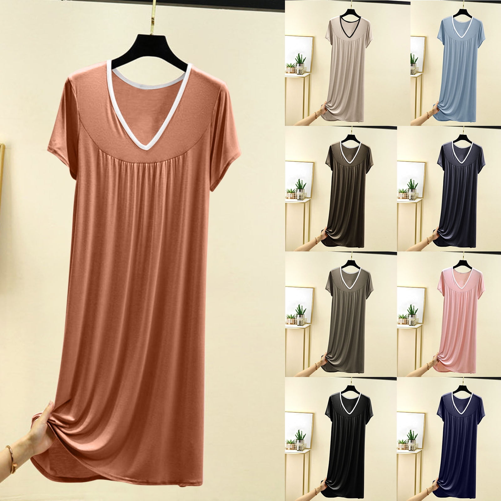 Simua Plus Size Nightgown for Women, Solid Color V Neck Short Sleeve ...