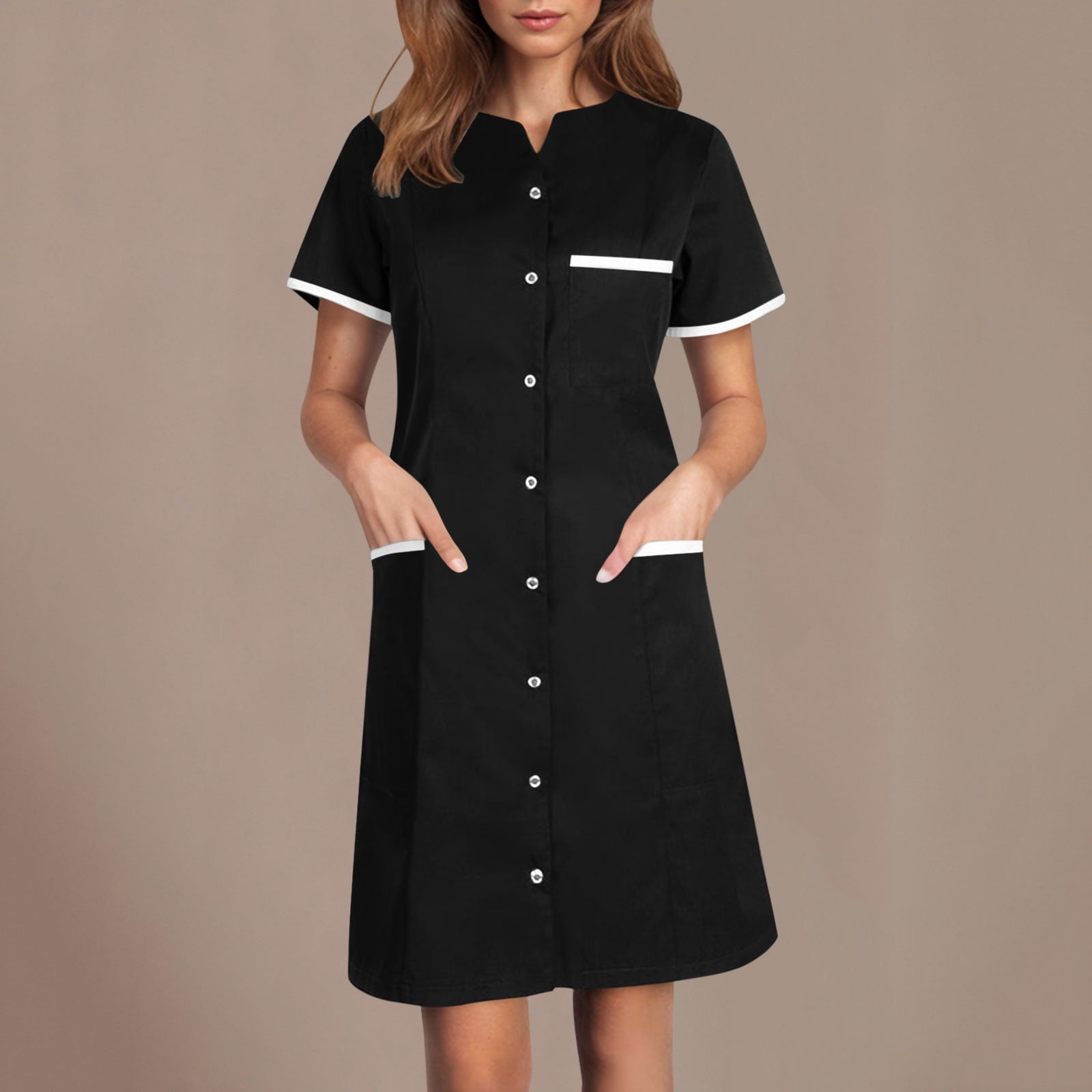 Simua Scrubs Dress for Women Notch Lapel Button Front Nursing Workwear ...
