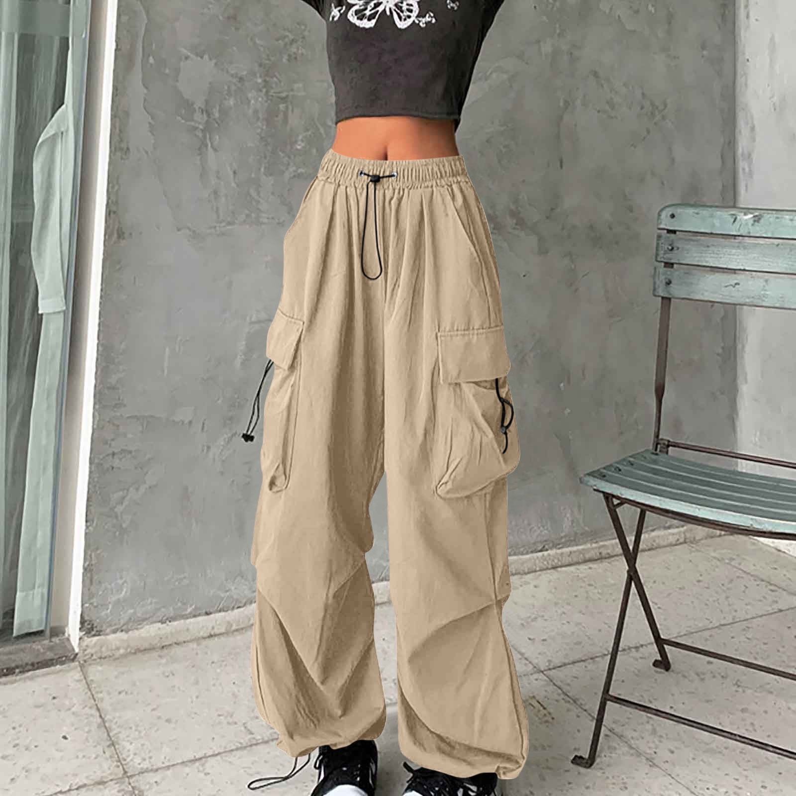 Simua Wide Leg Parachute Cargo Pants for Women Y2K Solid Color Drawstring Elatsic Waist Loose ...