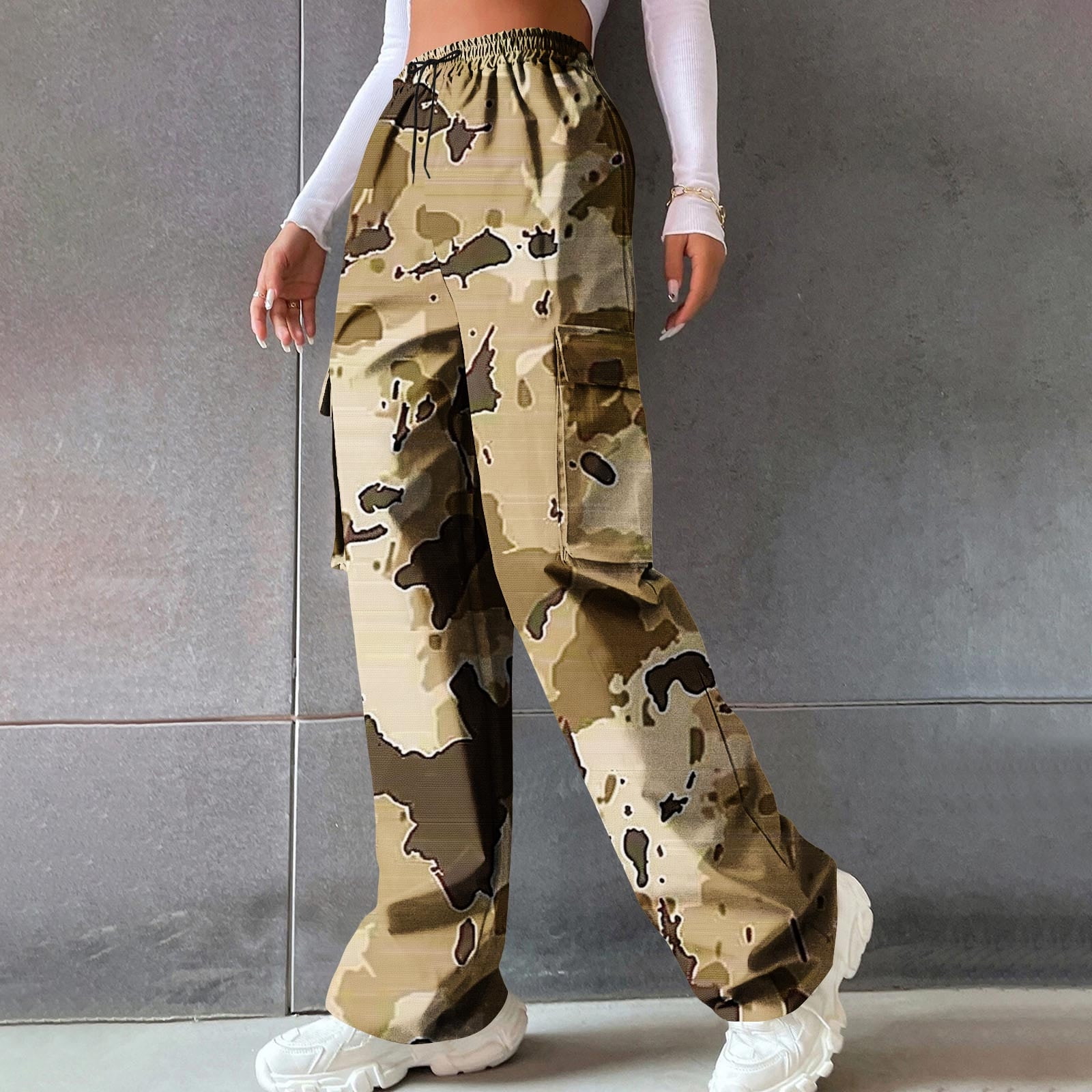 Simua Women Camouflage Cargo Pants Elastic Waist Straight Wide Leg ...