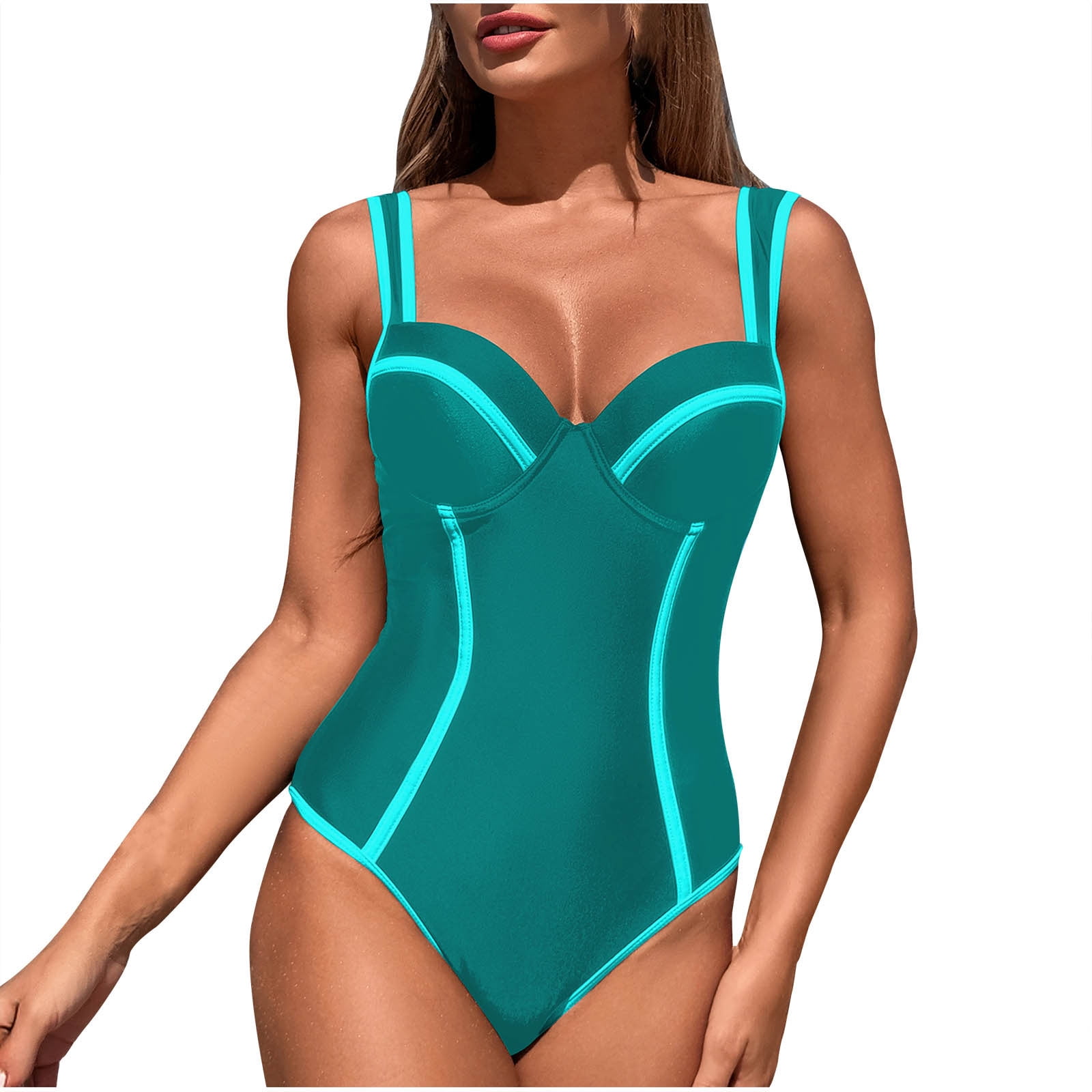 Simua Women Slimming Tummy Control One Piece Swimsuits V Neck Back Color Block Bathing Suit for ...