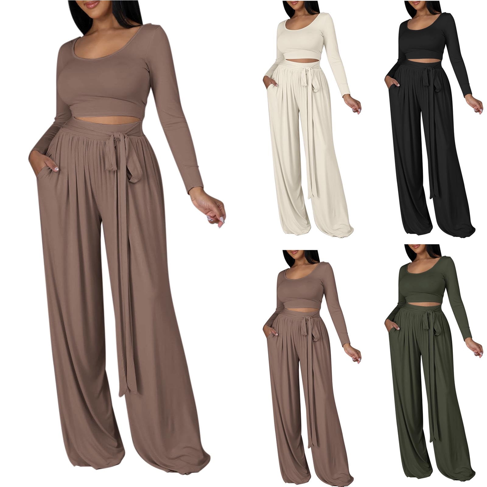 Simua Women's 2 Piece Sets Fall Outfits Long Sleeve Wide Leg Tracksuits ...