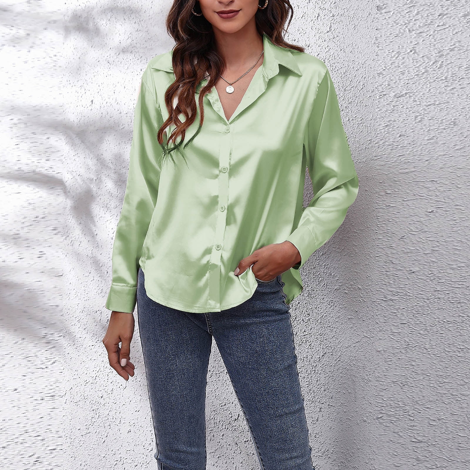 Simua Women's Blouse Satin Silk Shirts Button Down Shirts Casual Loose ...