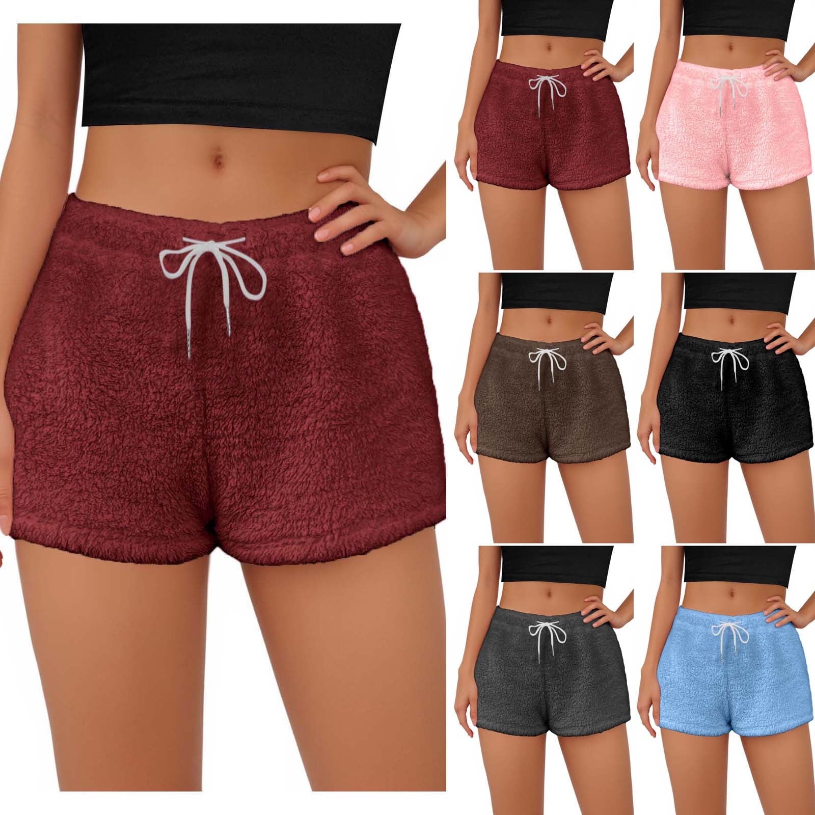 Simua Women's Casual Fuzzy Pajama Shorts Solid Color Fleece Lounge ...