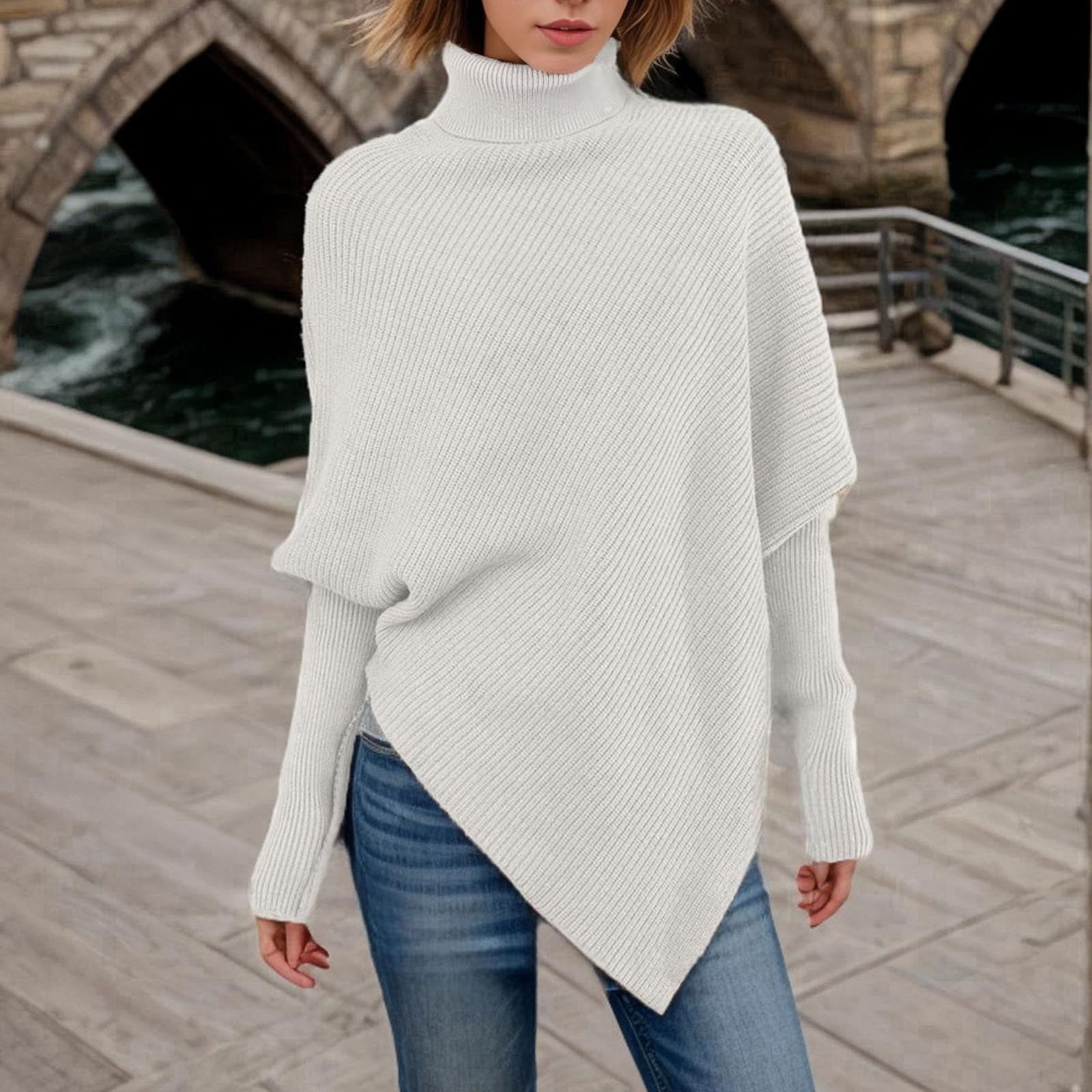 Simua Women's Chic Turtleneck Batwing Sleeve Asymmetric Knitted Poncho ...