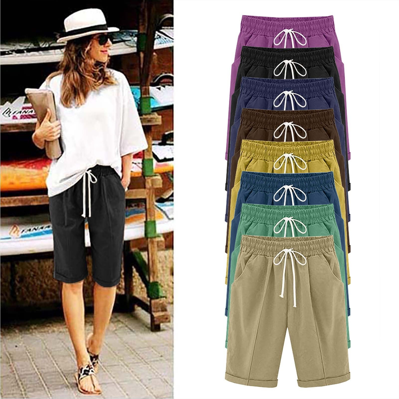 Simua Women's Cotton Linen Bermuda Shorts Solid Color Straight Leg ...