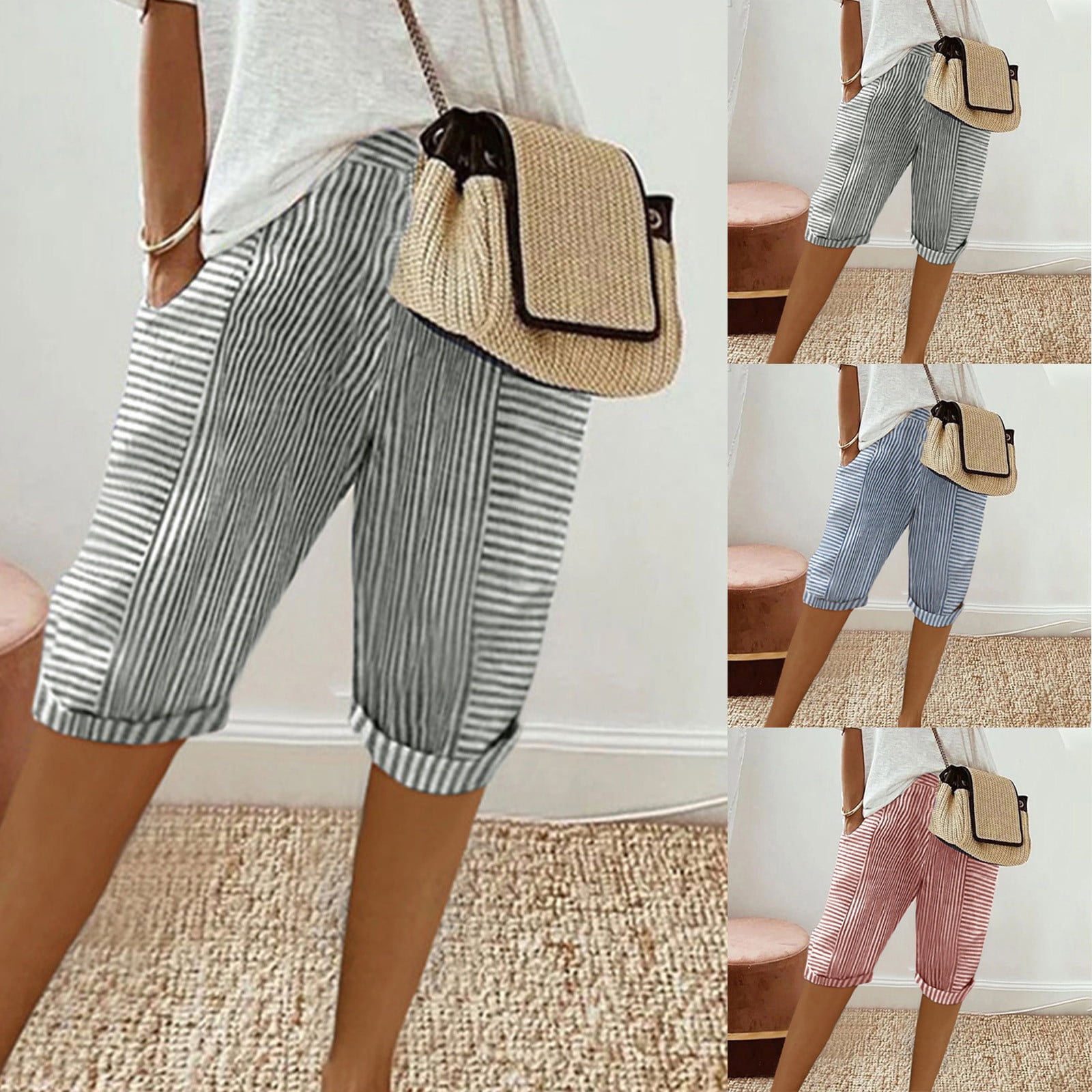 Simua Women's Knee Length Shorts Striped Elastic Waist with Pockets ...