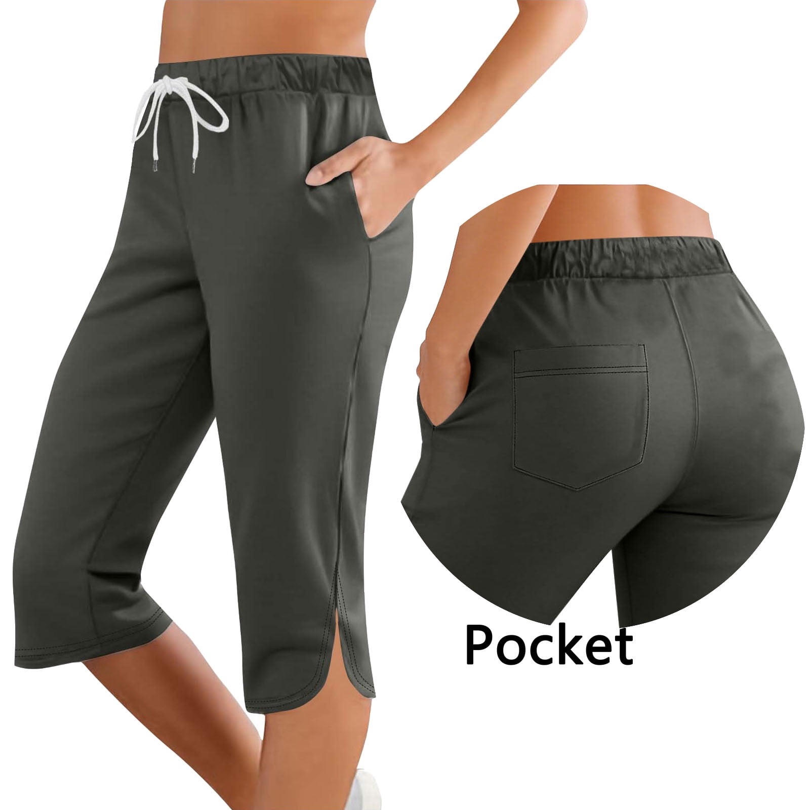 Simua Women's Solid Color Elastic Drawstring Waist Sports Casual Capris ...