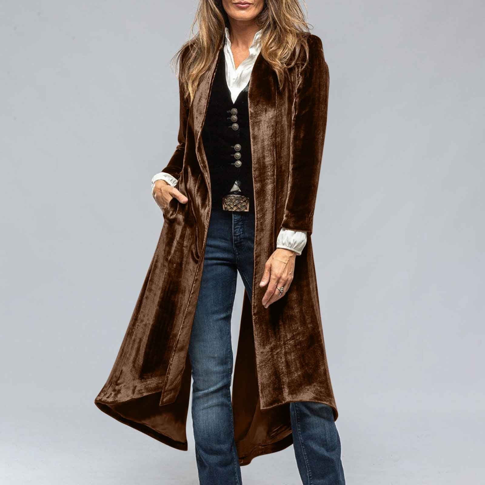 Simua Women's Velvet Open Front Long Trench Coat Elegant Back High Slit ...