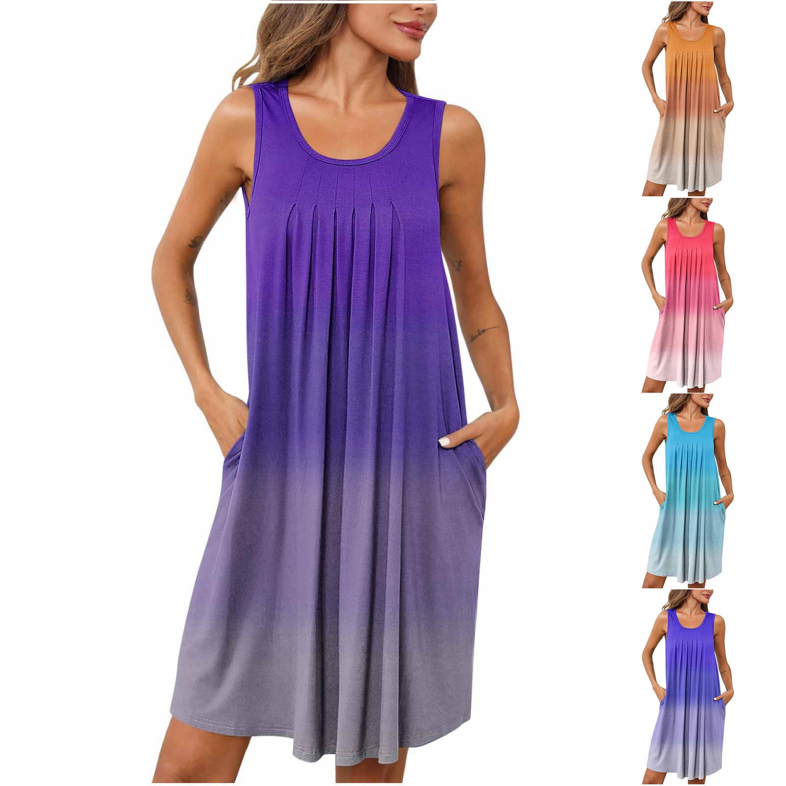 Simua Womens Nightgown with Pockets Color Blcok Sleep Shirts Sleeveless ...