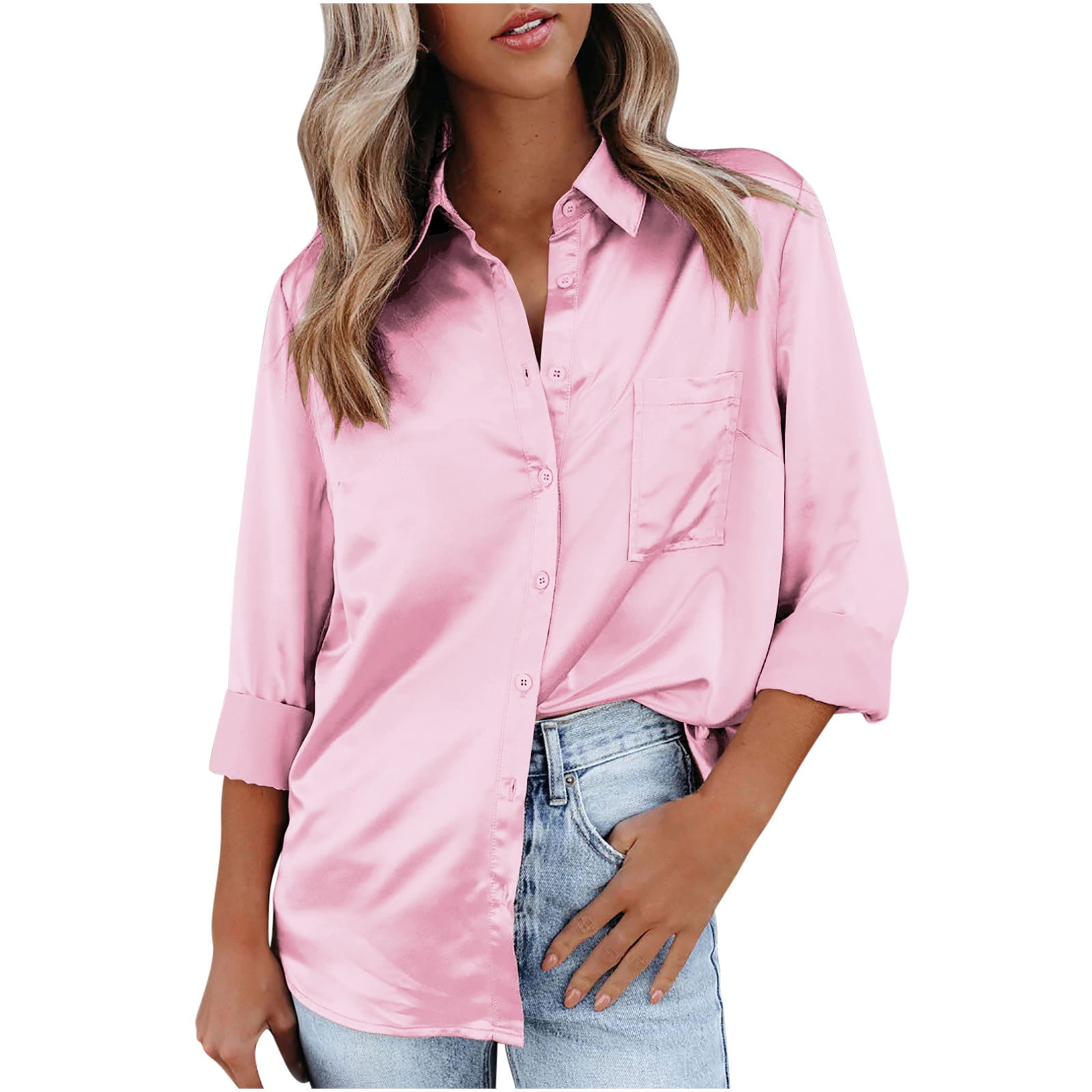 Simua Womens Satin Silk Button Down Shirts Long Sleeve Blouse Casual ...