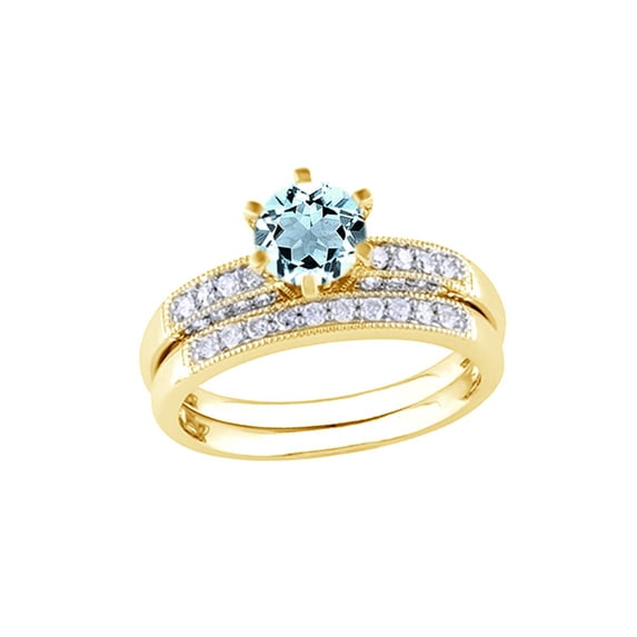 AFFY Simulated Aquamarine CZ & White Natural Diamond Wedding Ring Set ...