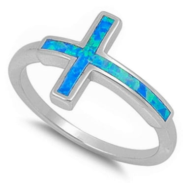 Blue Simulated Opal Sideway Cross Ring Sterling Silver Size 5 - Walmart.com