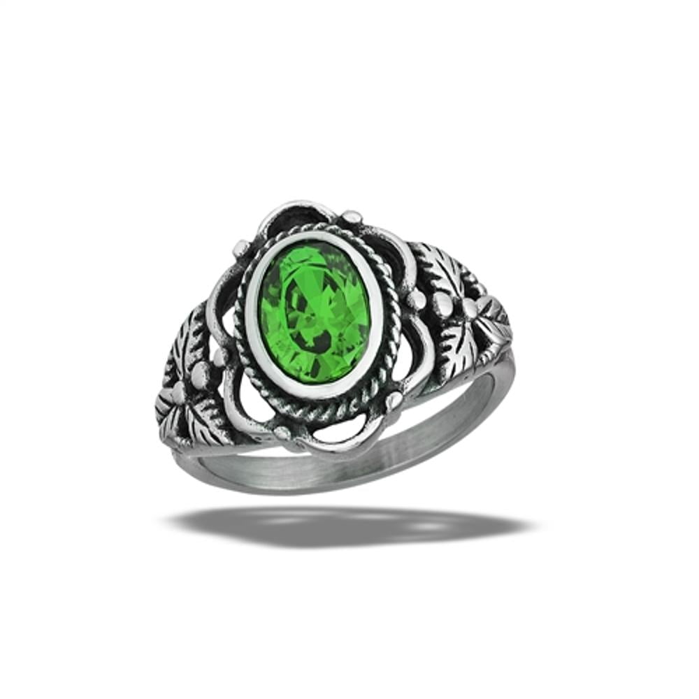 Simulated Emerald Wholesale Ring Stainless Steel Leaf Band Green CZ ...
