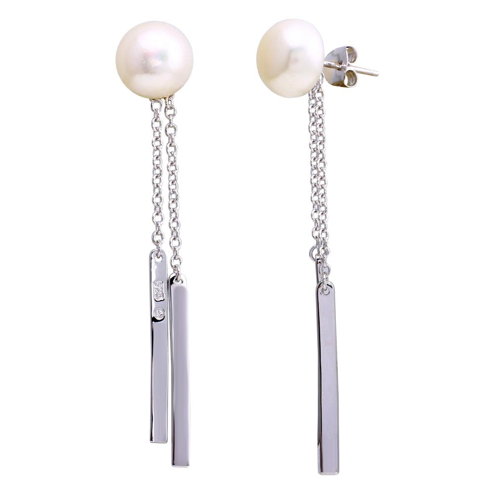Simulated Pearl Chain Bar Dangling Stud Earring Sterling Silver ...