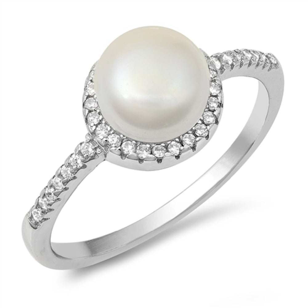 Simulated Pearl Clear CZ Round Classic Ring Sterling Silver Size 6 ...