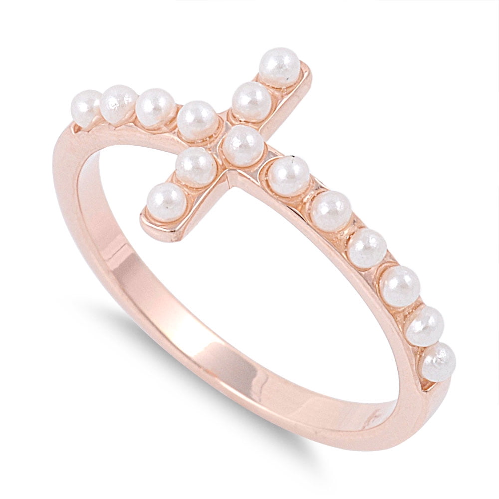 Simulated Pearl of Great Price Sideway Cross Ring Rose Gold-Tone Plated ...