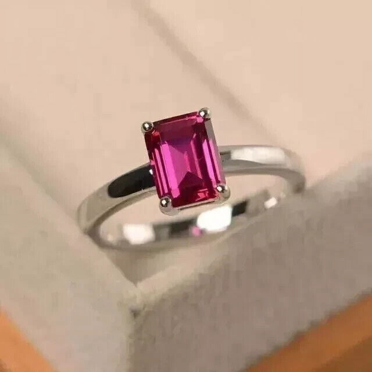 Simulated Pink Ruby 2Ct Emerald Cut Solitaire Women's Wedding Ring 14K White Gold Plated ...