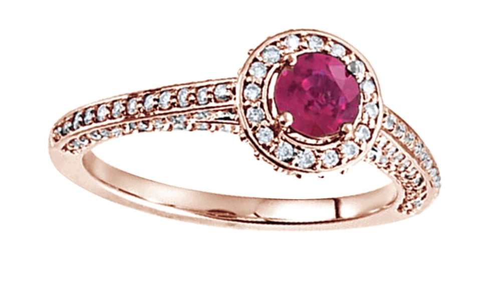 AFFY Simulated Pink Ruby With Natural Diamond Halo Engagement Ring In ...