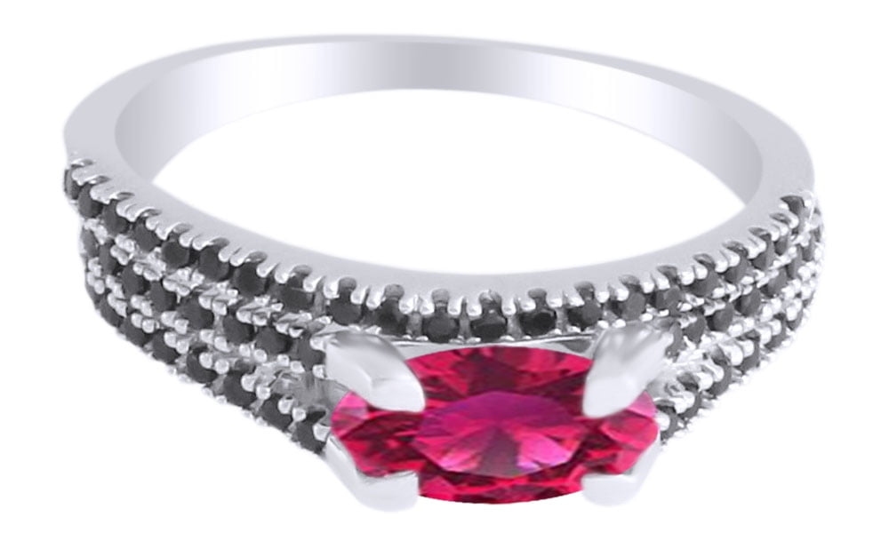 AFFY Simulated Pink Sapphire & Black Spinal Engagement Ring In 925 ...