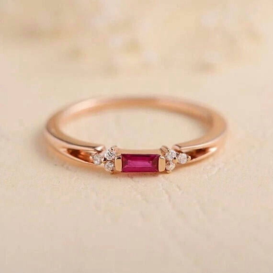 Simulated Red Ruby 1Ct Baguette Cut Women's Wedding Ring 14K Rose Gold ...