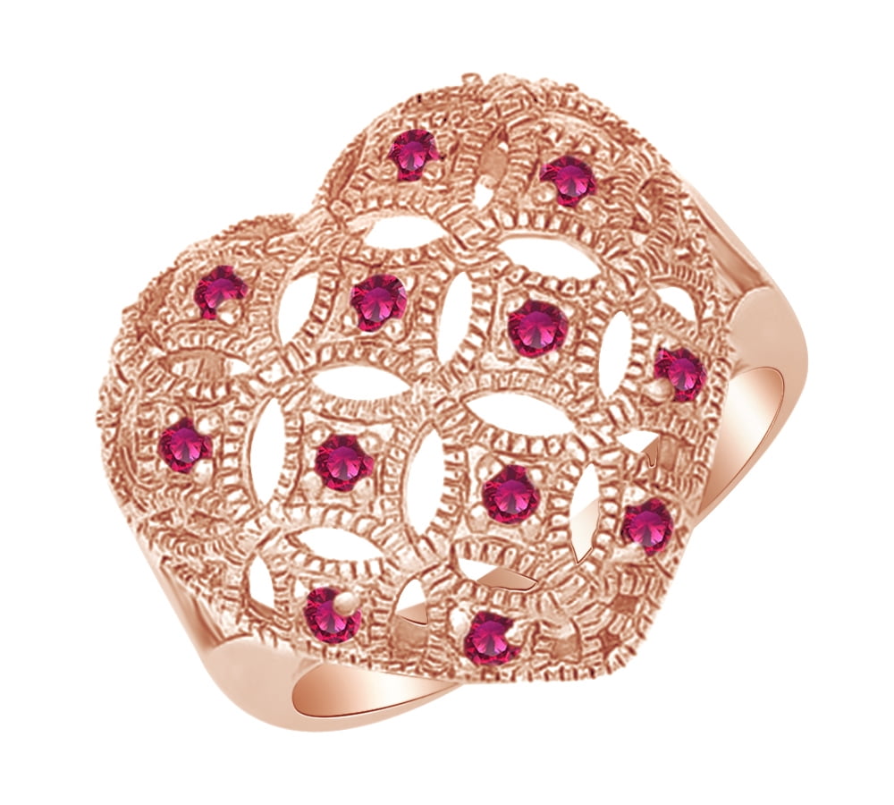 AFFY Simulated Ruby Heart Wedding Ring in 14k Rose Gold Over Sterling ...