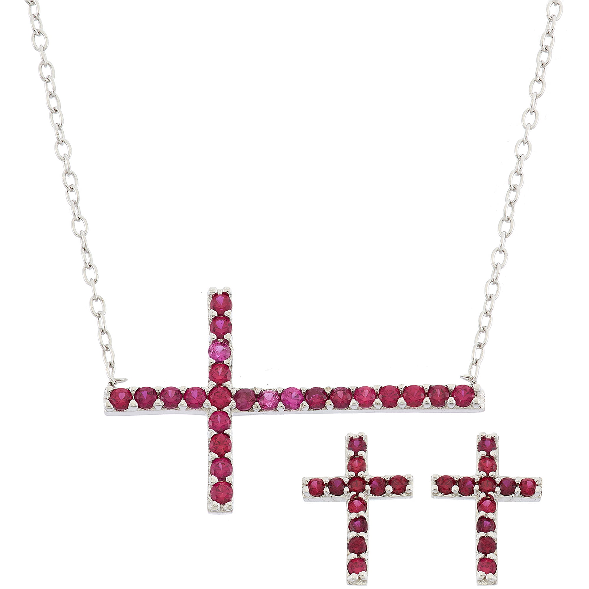 Simulated Ruby Sterling Silver Sideways Cross Necklace and Earrings 2 ...