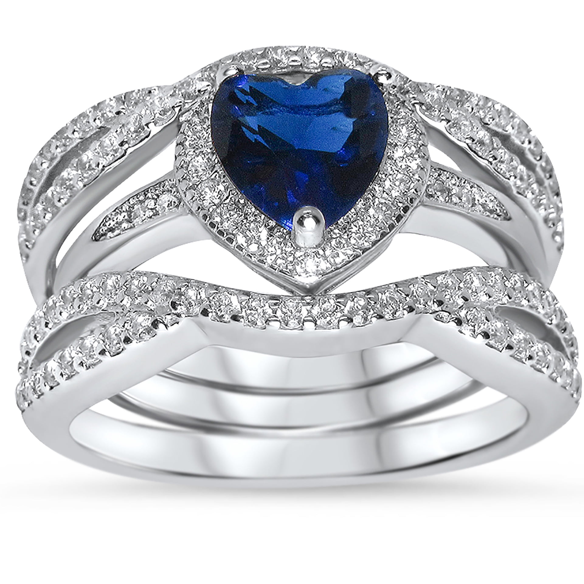 Simulated Sapphire Heart Cut Silver CZ Wedding Guard Wrap Engagement ...