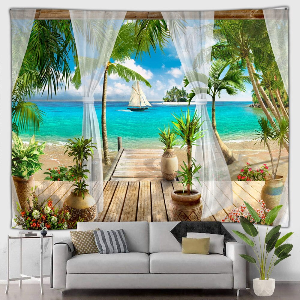 Simulation Window Beach Forest Outdoor Tapestry Tropical Seaside ...