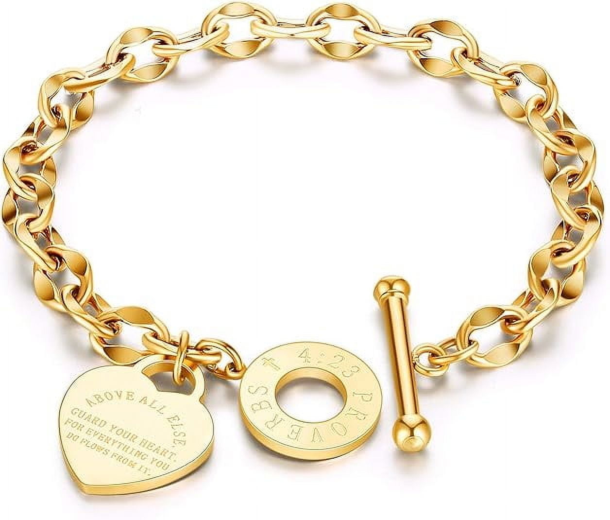 Simyoung Women Stainless Steel Trendy Cable Chain Bracelet with Heart ...