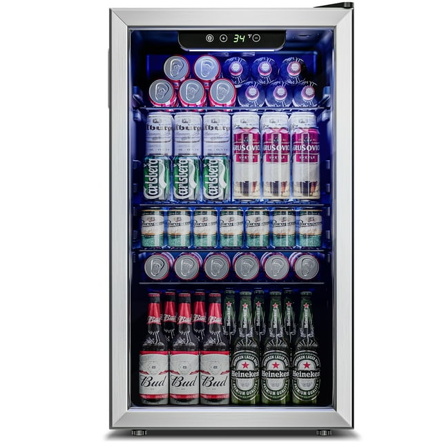 Simzlife 126 Can Beverage Refrigerator and Cooler with Glass Door for ...