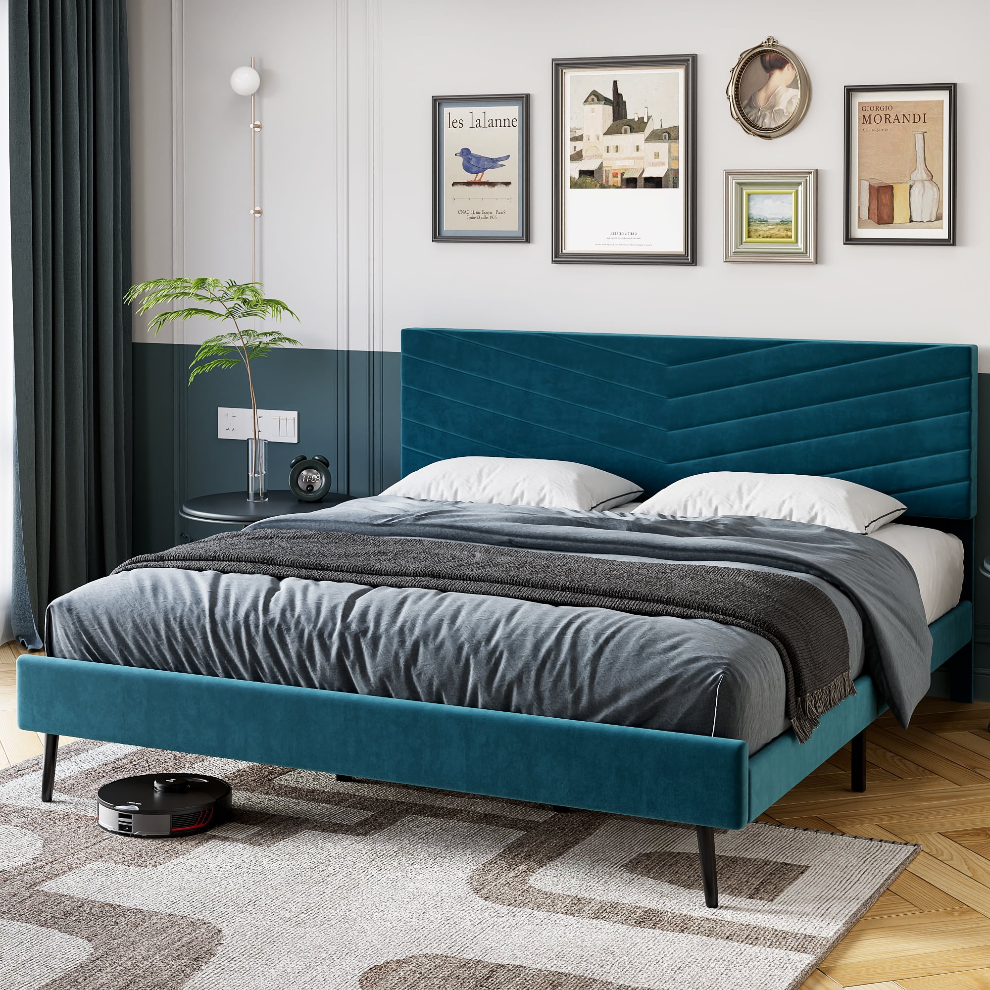Simzone Blue Full Size Bed Frame, Velvet Full Platform Bed Frame with ...