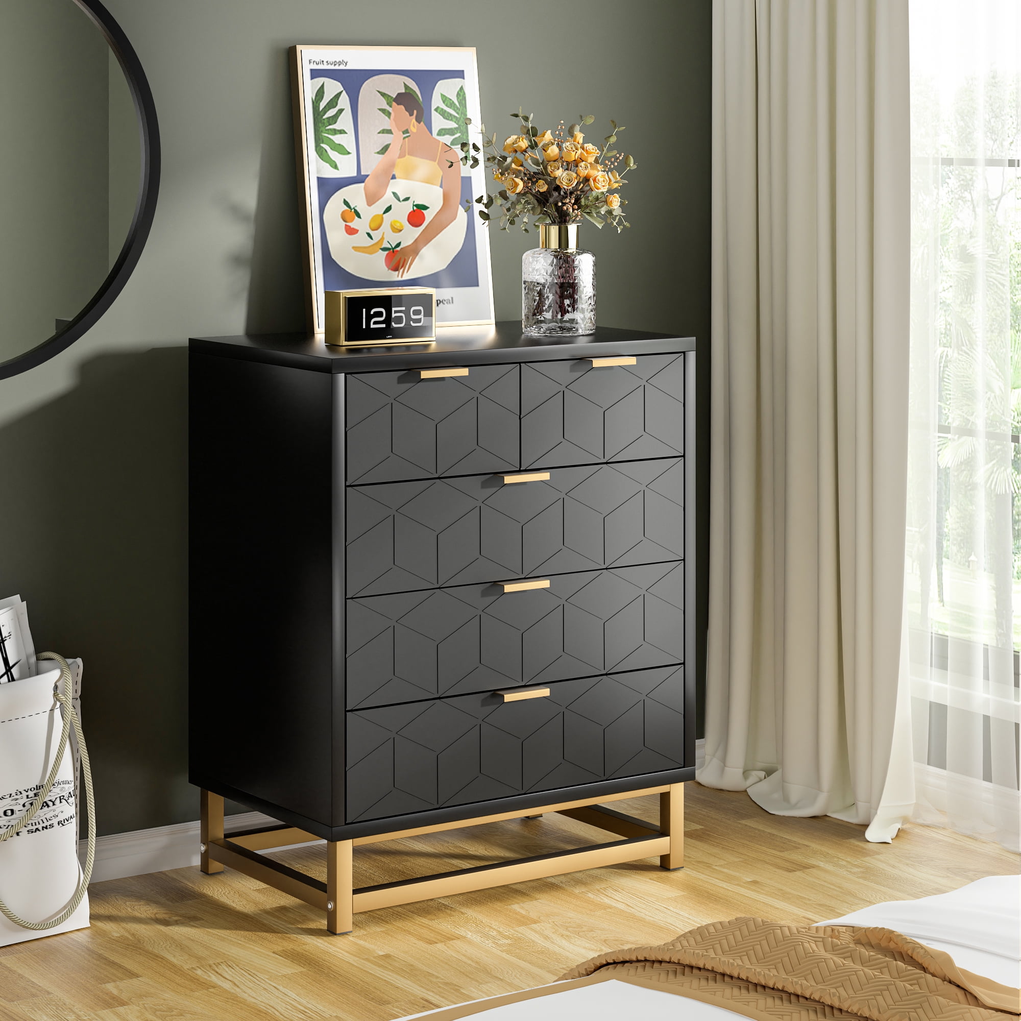 Simzone Chest with 5 Drawers Diamond Style Golden Handle and Base for ...