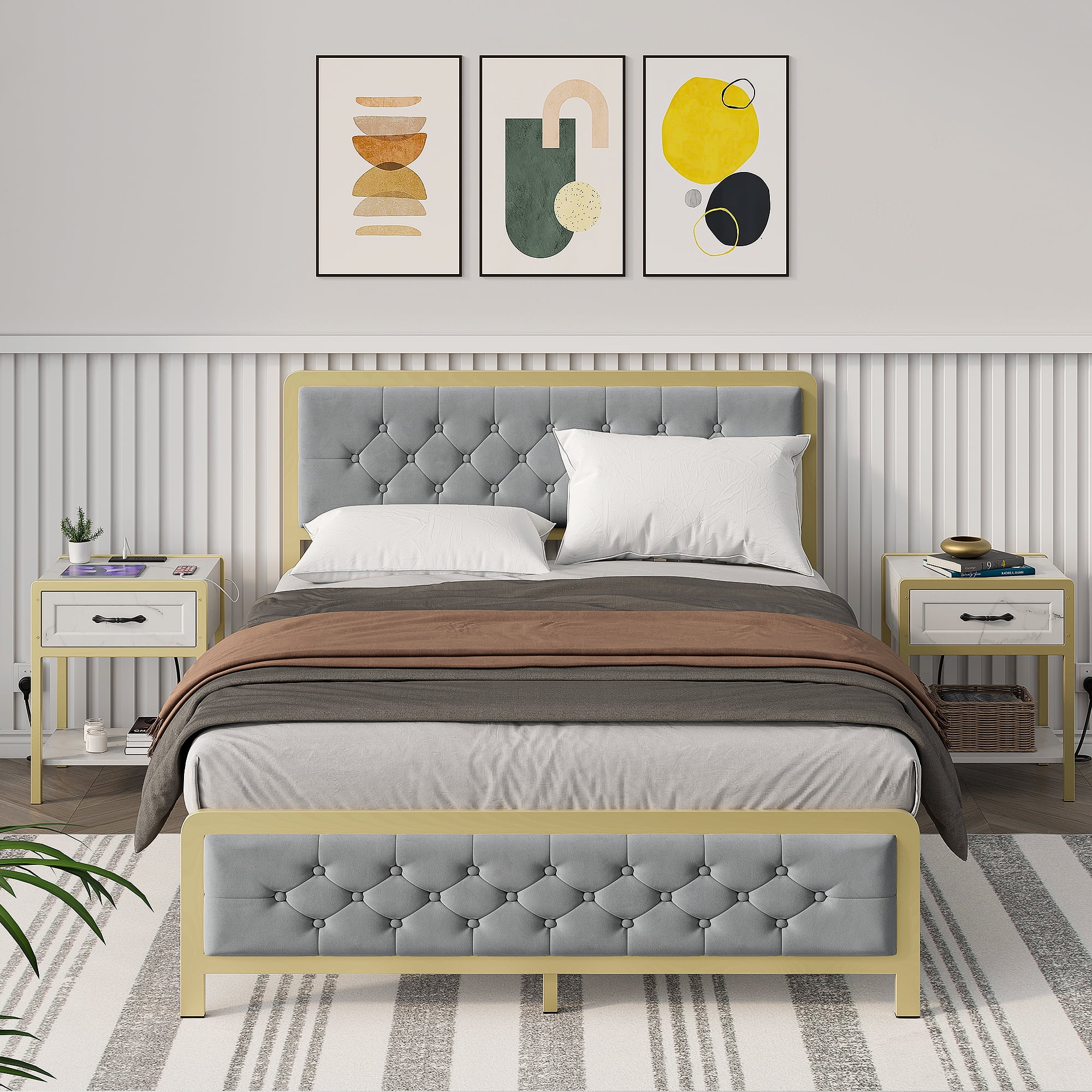 Simzone Golden Full Size Bed Frame Upholstered Bed Frame with Button ...