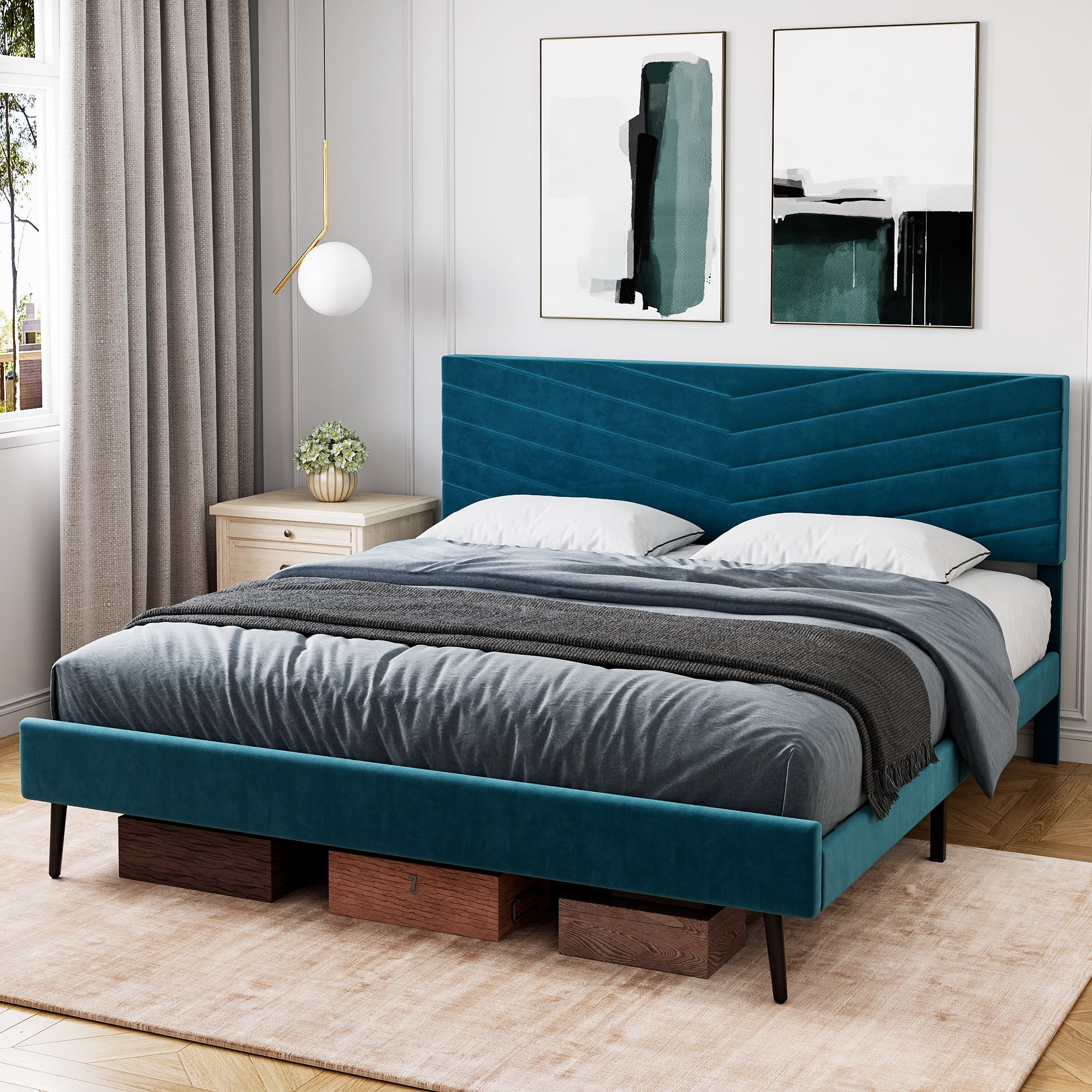 Simzone King Size Bed Frame with Adjustable Headboard, Upholstered Bed ...