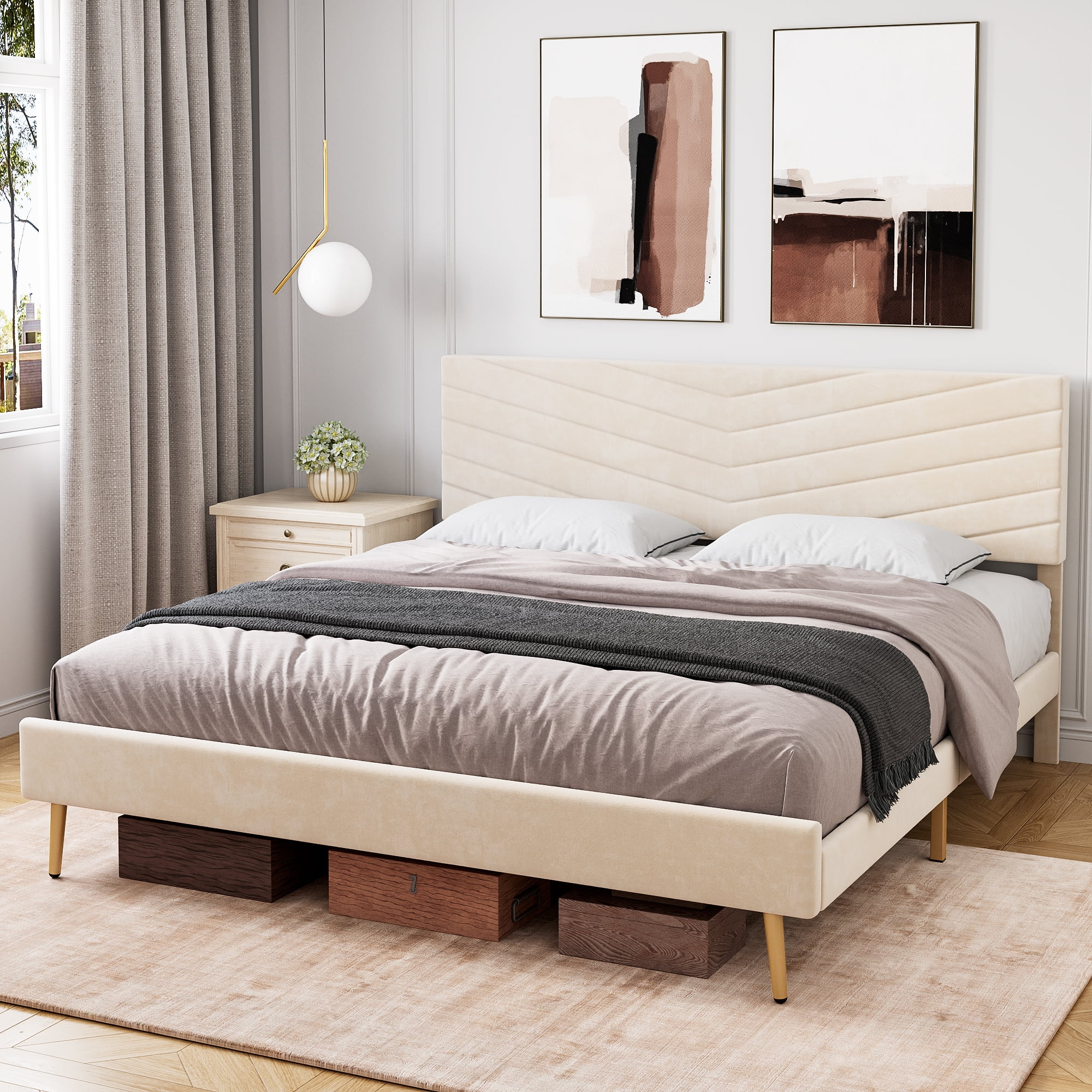 Simzone King Size Bed Frame with Adjustable Headboard, Upholstered Bed ...