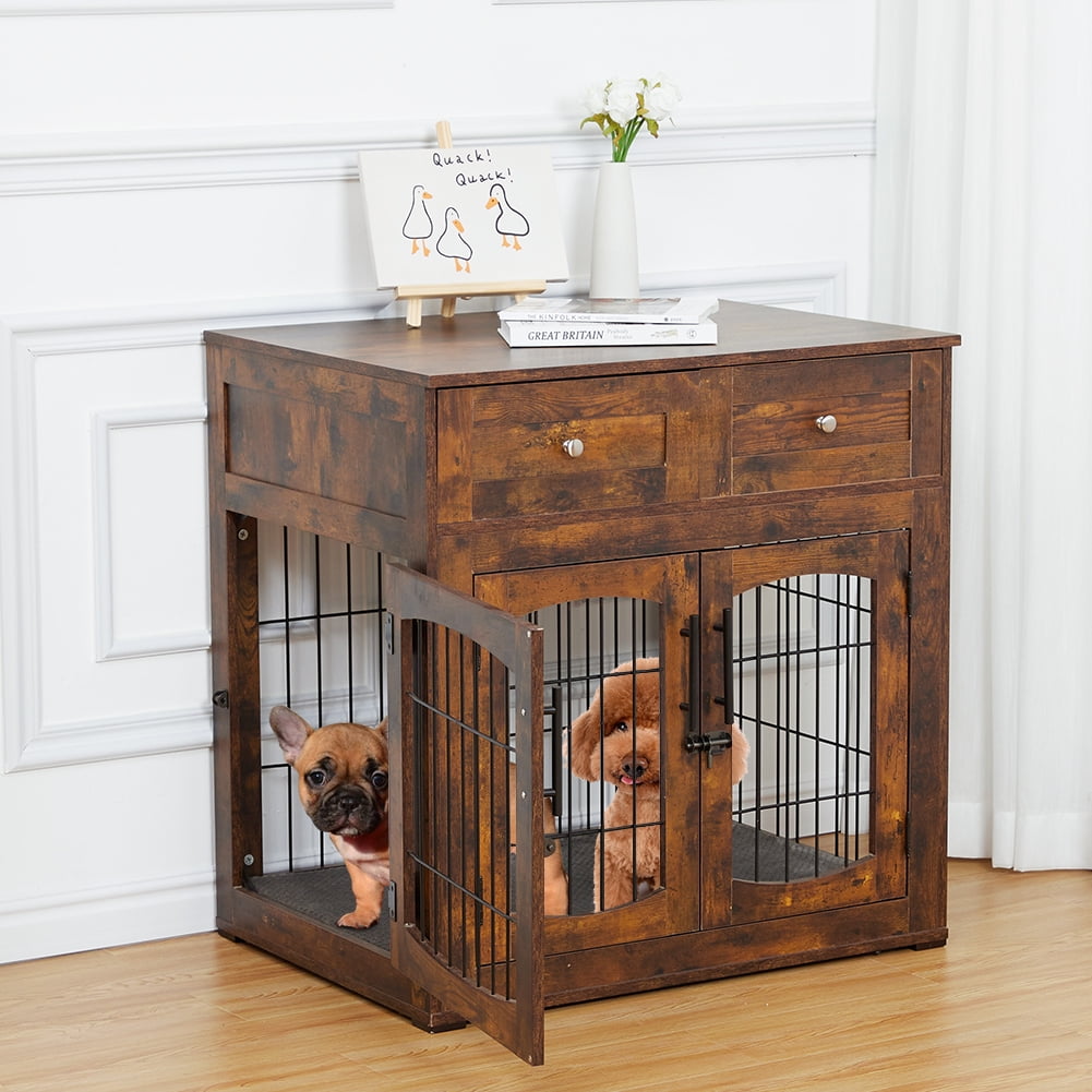 Simzone Wooden Dog Cage, Dog Crate Furniture with Cushion & 2 Drawers , Indoor Dog House, for ...