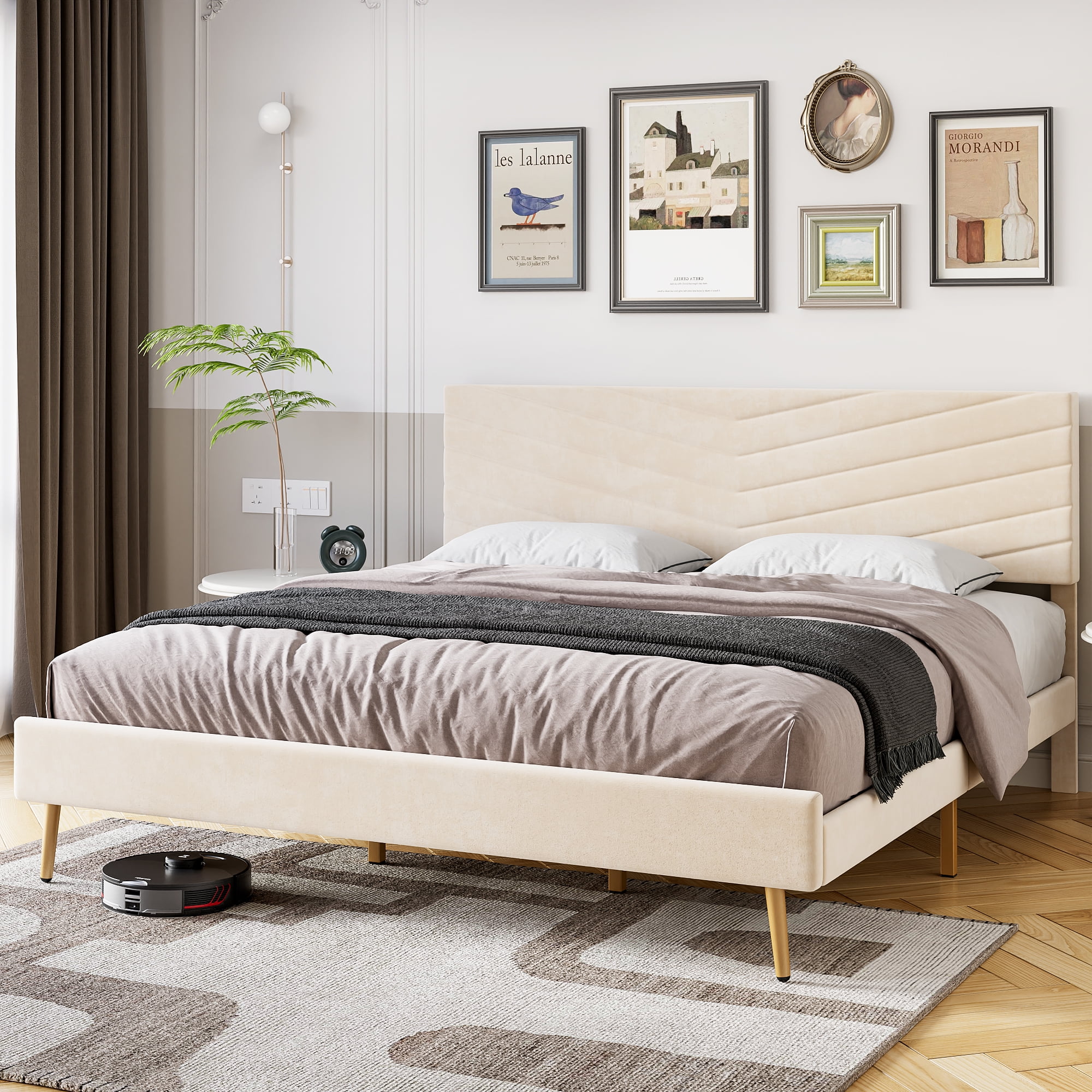 Simzone off White Full Size Bed Frame, Velvet Full Platform Bed Frame ...