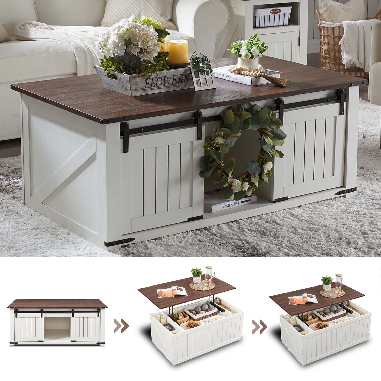 SinCiDo Farmhouse Coffee Table with Storage for Living Room, Lift Top ...