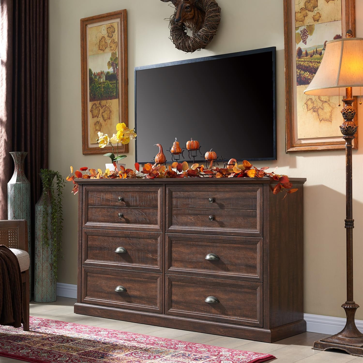 SinCiDo Farmhouse Dresser for Bedroom w/6 Drawers, Wood Rustic Tall ...