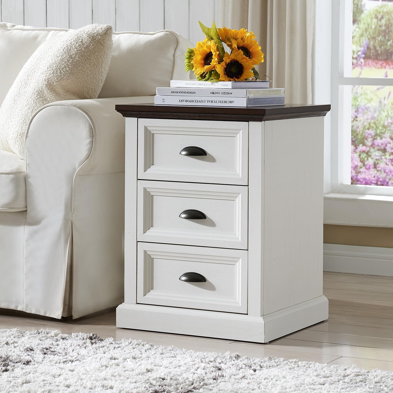 SinCiDo Bedside Night Table, Farmhouse 3-Drawer Dresser with Charging ...