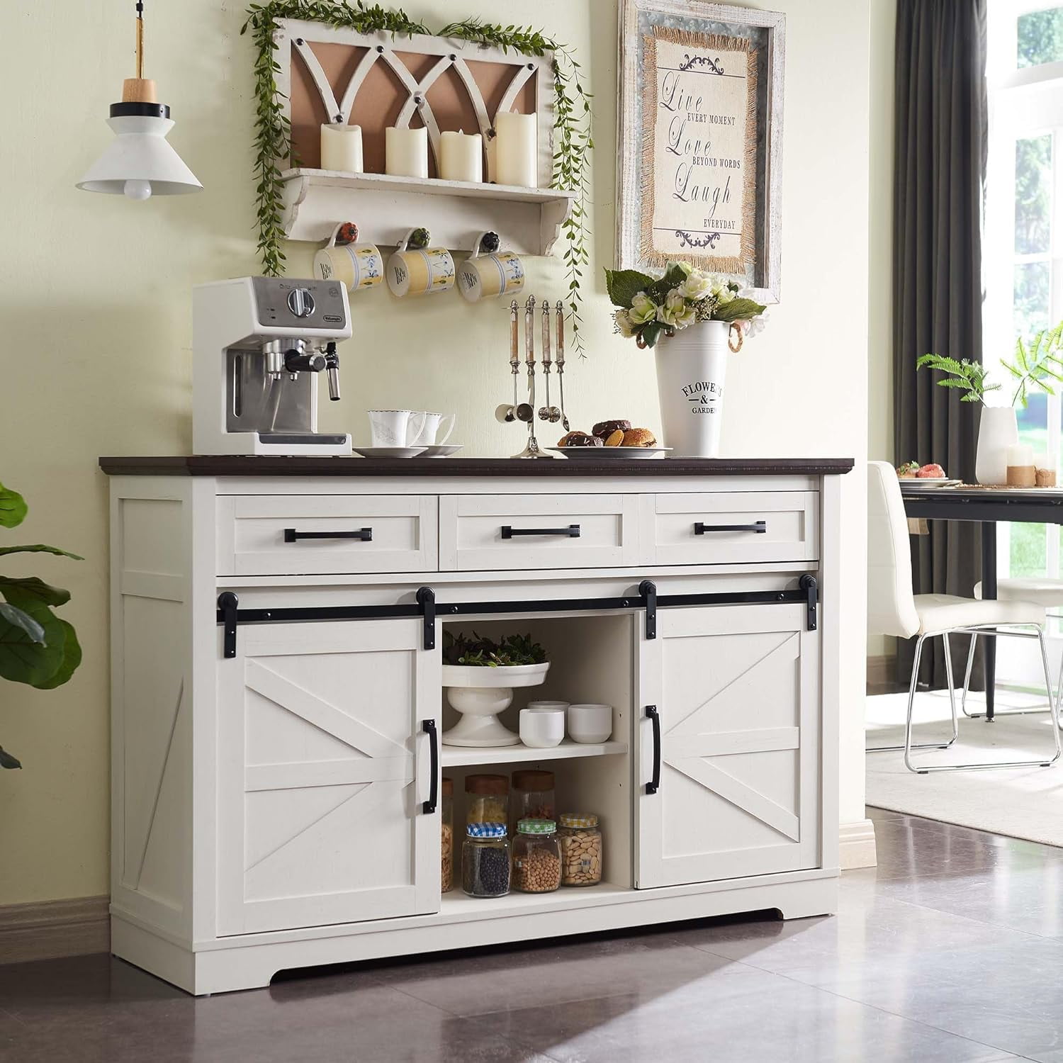 SinCiDo Farmhouse Sideboards & Buffets for Kitchen, 3 Drawers & Sliding ...