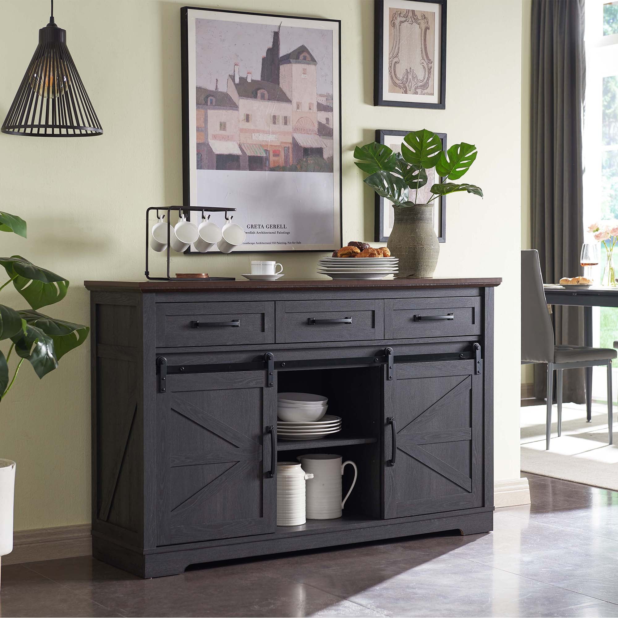 SinCiDo Farmhouse Sideboards & Buffets for Kitchen, 3 Drawers & Sliding ...