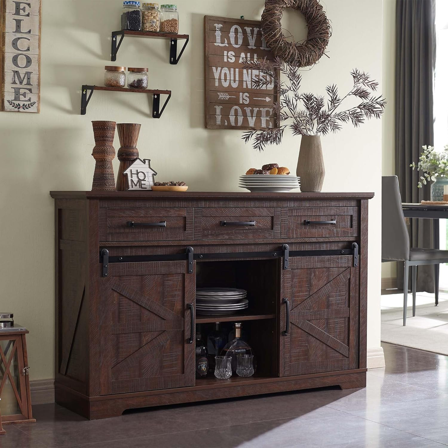 SinCiDo Farmhouse Sideboards & Buffets for Kitchen, 3 Drawers & Sliding ...