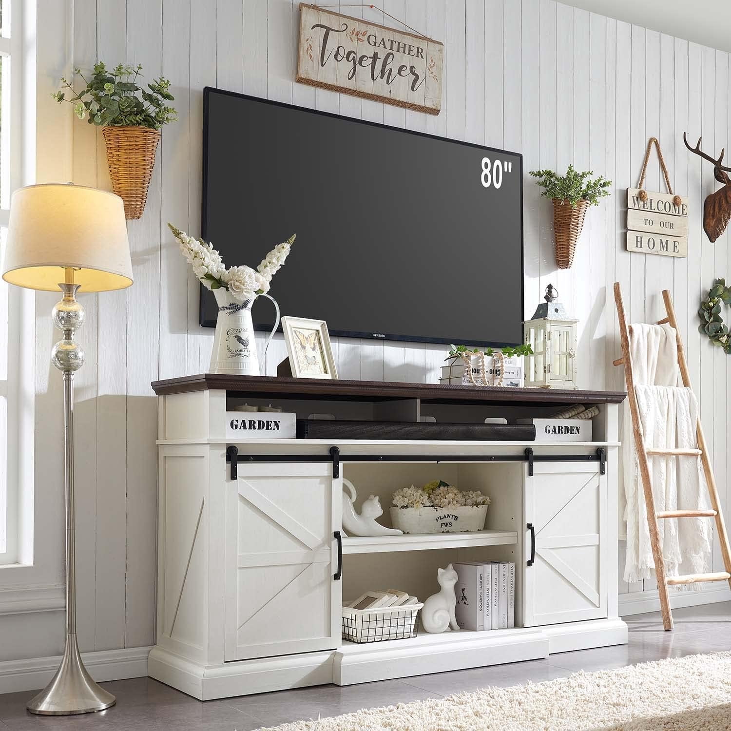 SinCiDo, TV Stand, 75 inches, Farmhouse with Sliding Barn Doors ...