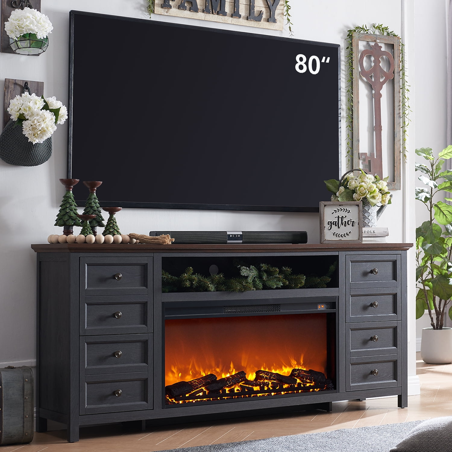 SinCiDo 80'' TV Stand with Electric Fireplace, 4 Storage Drawers, Dark ...