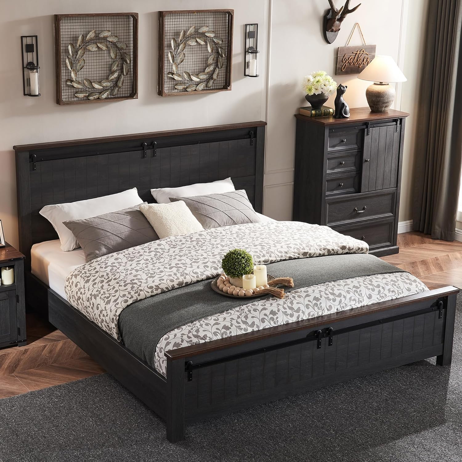 SinCido King Size Bed Frame Wooden with Headboard Farmhouse Furniture ...