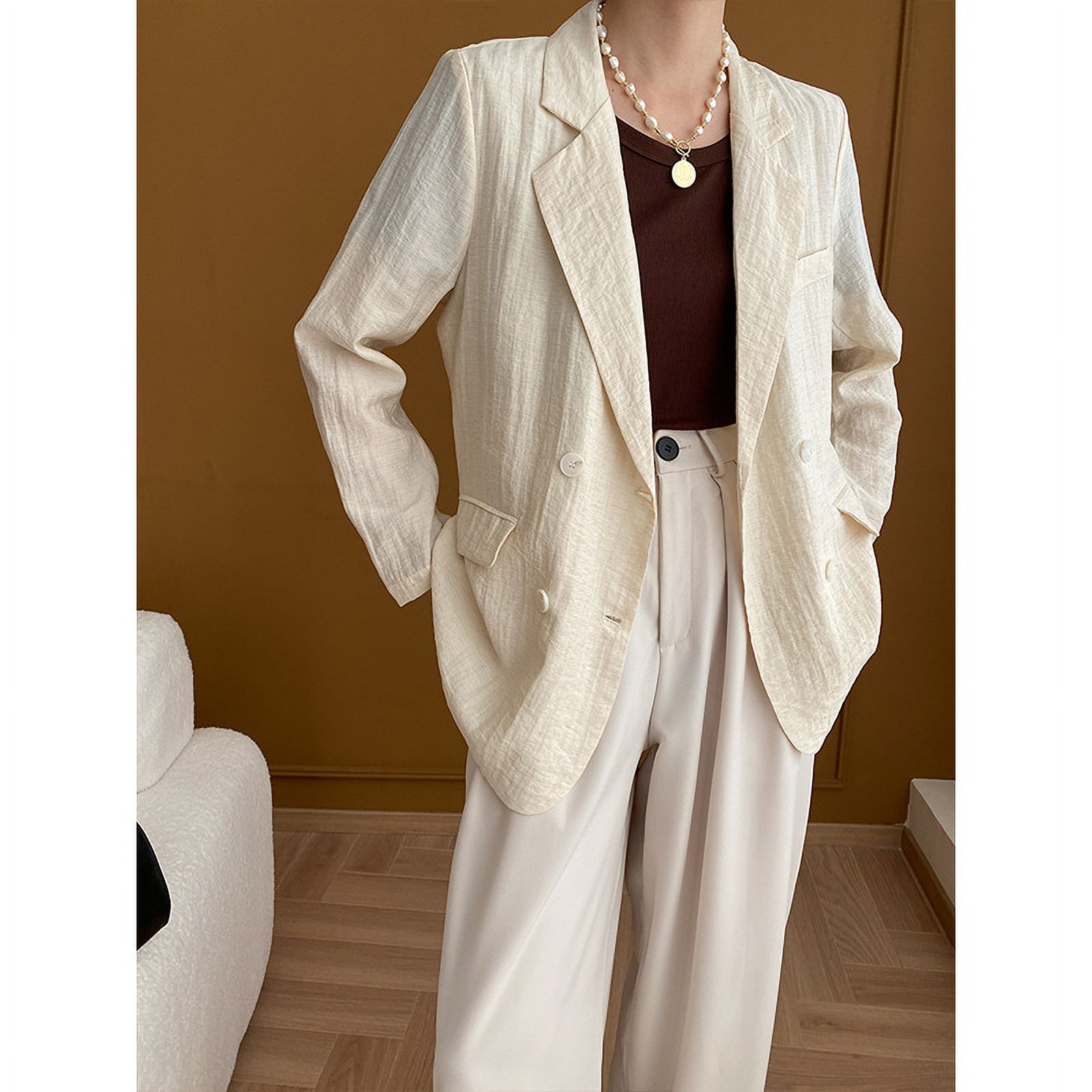 Sinan Pleated Texture Sense French Linen Blended Thin Sense Suit Jacket ...